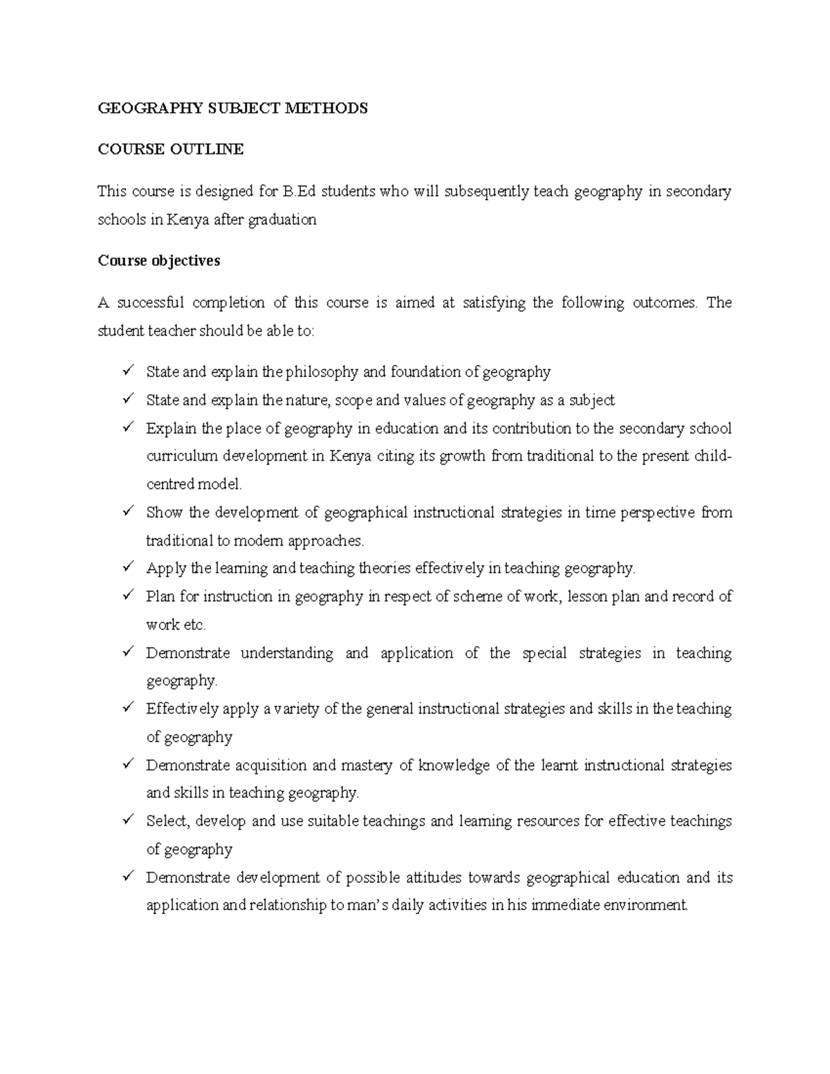 GEOGRAPHY SUBJECT METHODS (B.Ed) COURSE OUTLINE & OBJECTIVES - Studocu