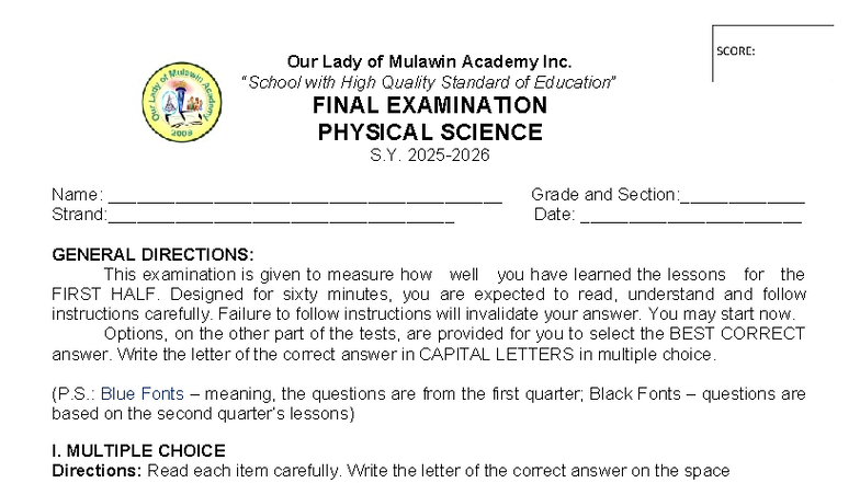 Final Examination: Physical Science S.Y. 2023-2024 - Studocu