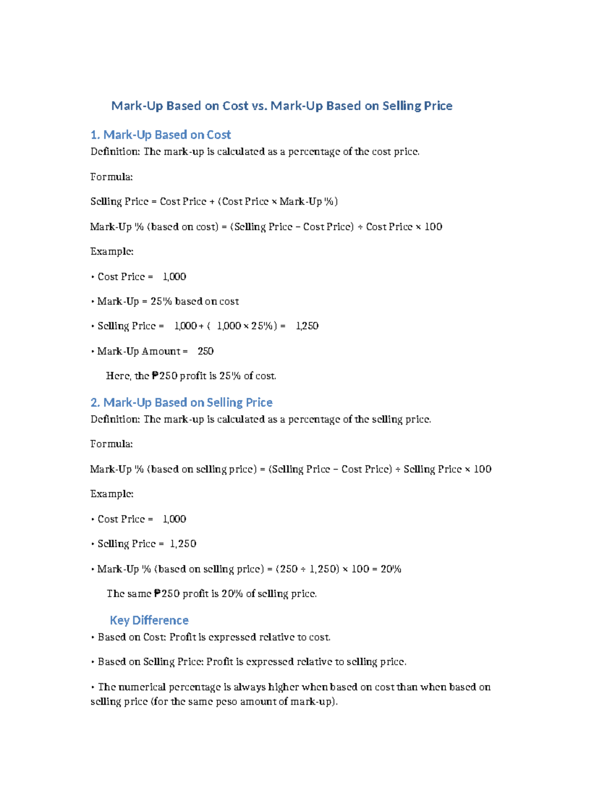 Markup Calculation: Cost vs Selling Price Explained - Studocu