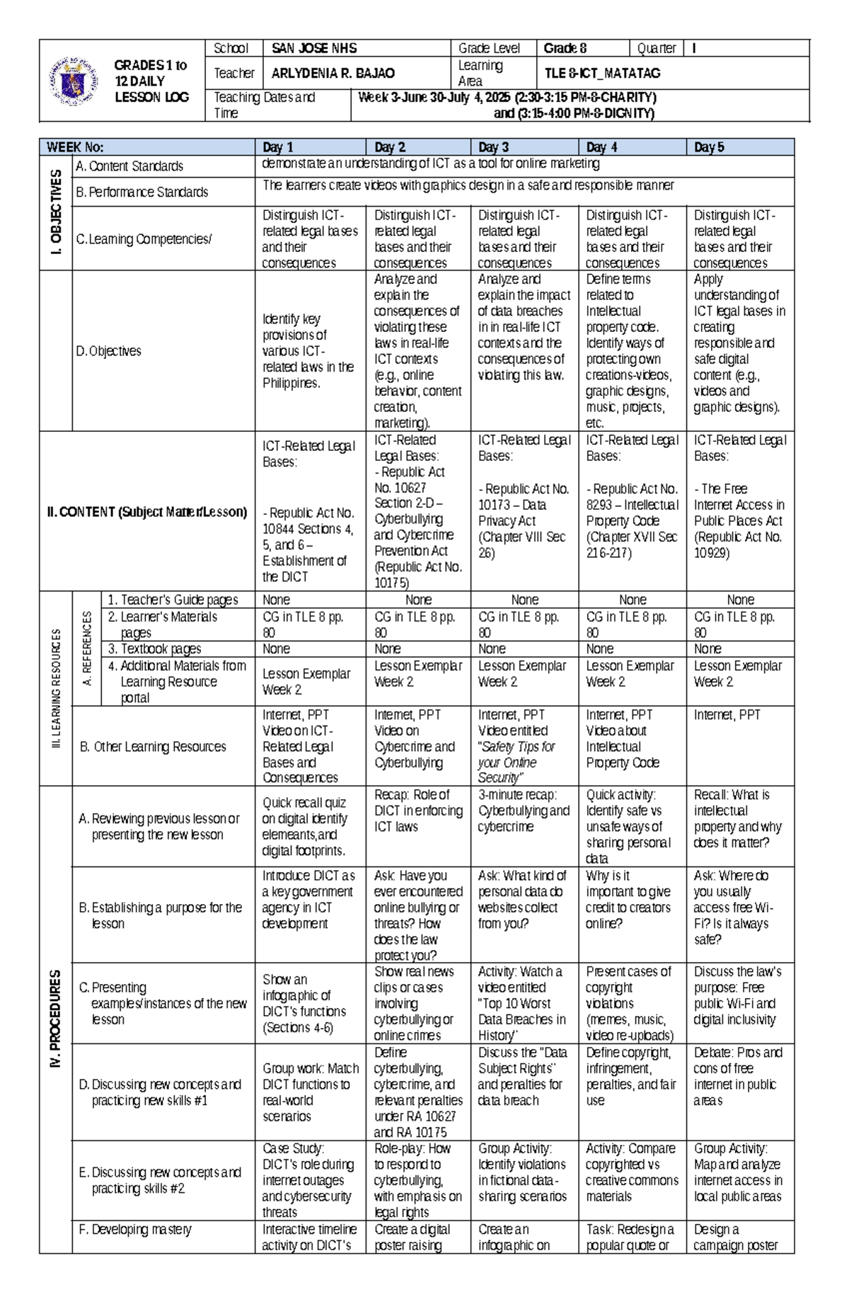 DLL-in-TLE-8-QI ICT-Matatag Week 4 Grade 8 Daily Lesson Log - Studocu