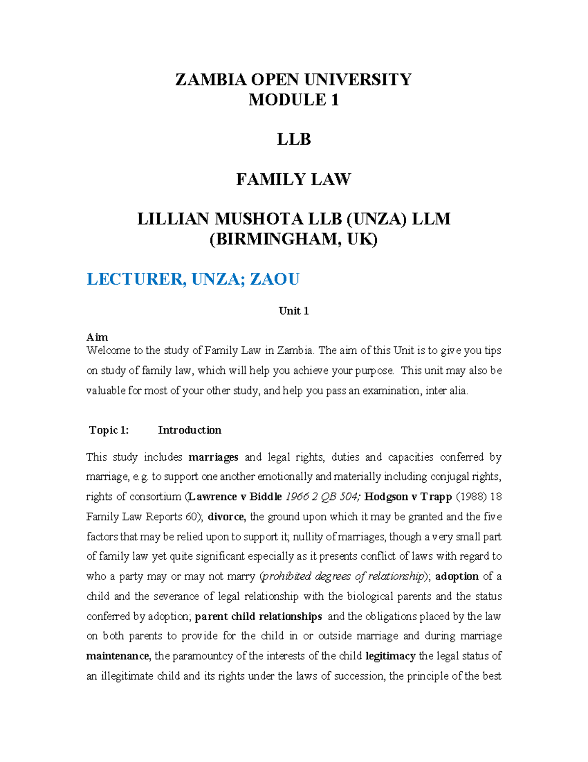 Family Law Module 1 - Study Notes for LLB (ZAOU) - Studocu