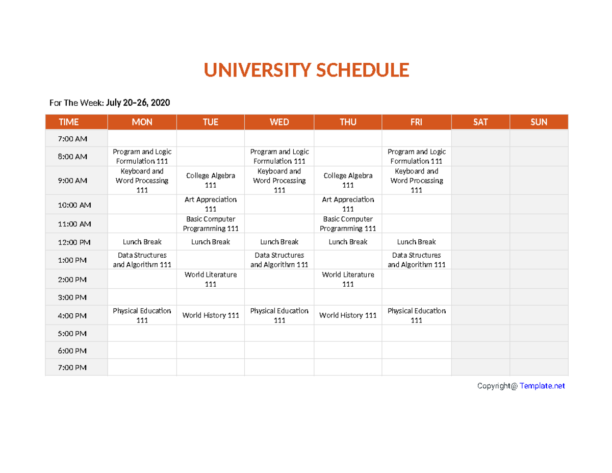 Free Blank University Schedule Template - UNIVERSITY SCHEDULE For The ...