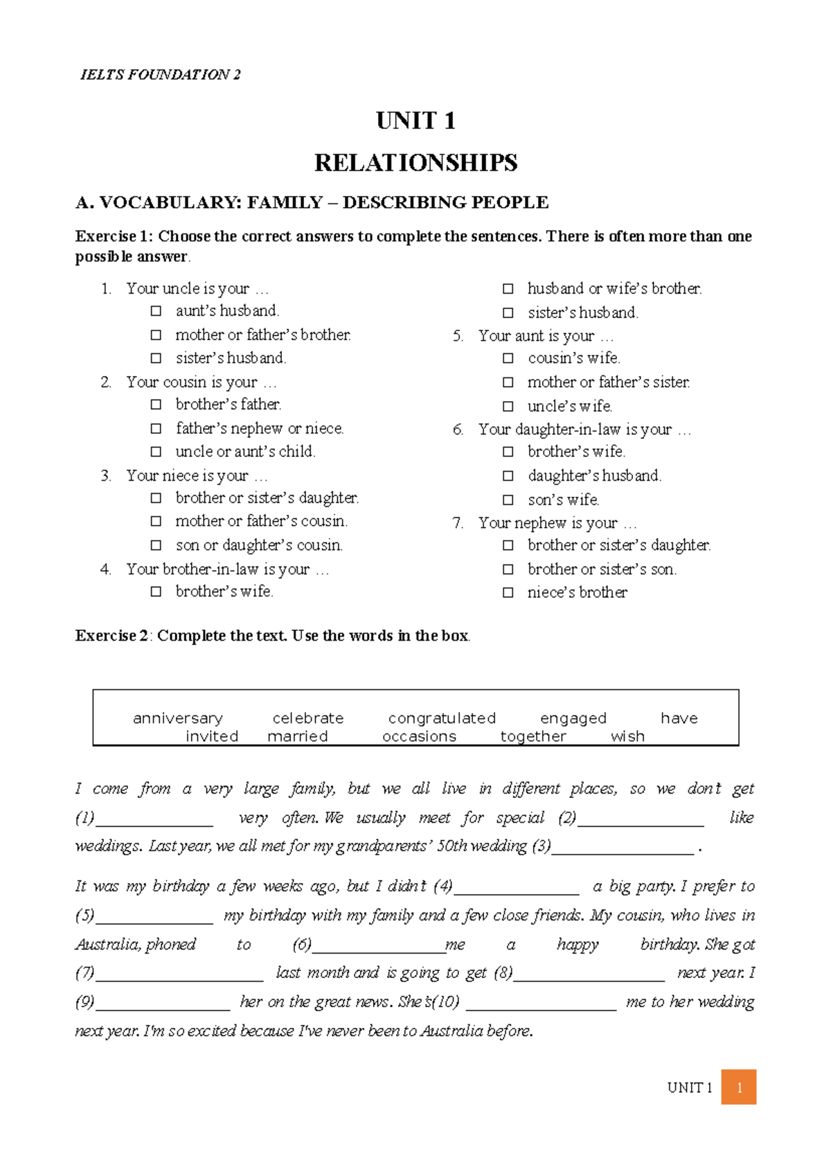 Unit 1: Vocabulary and Grammar on Family and Relationships - Studocu