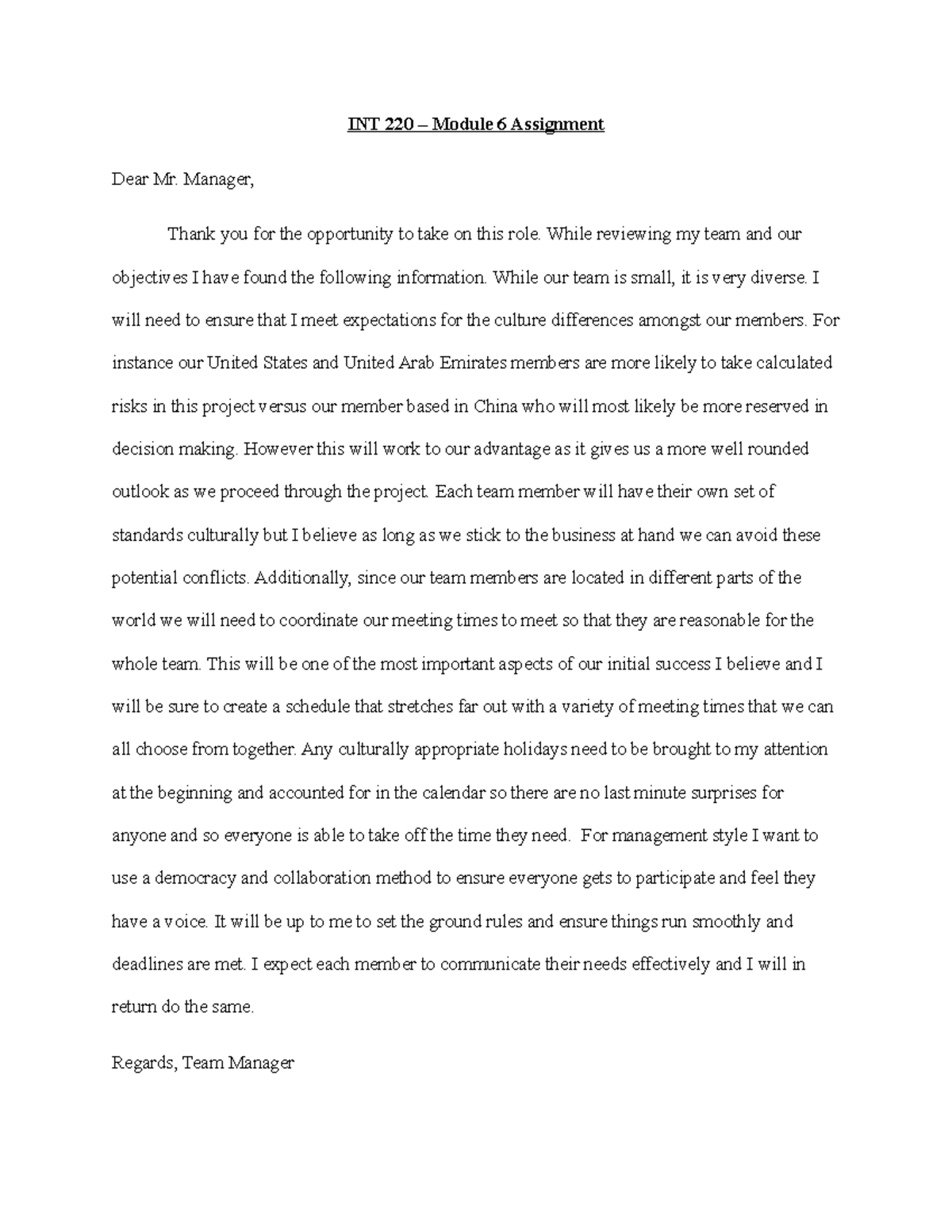 INT 220 Module 6 Assignment: Team Management Strategies - Studocu