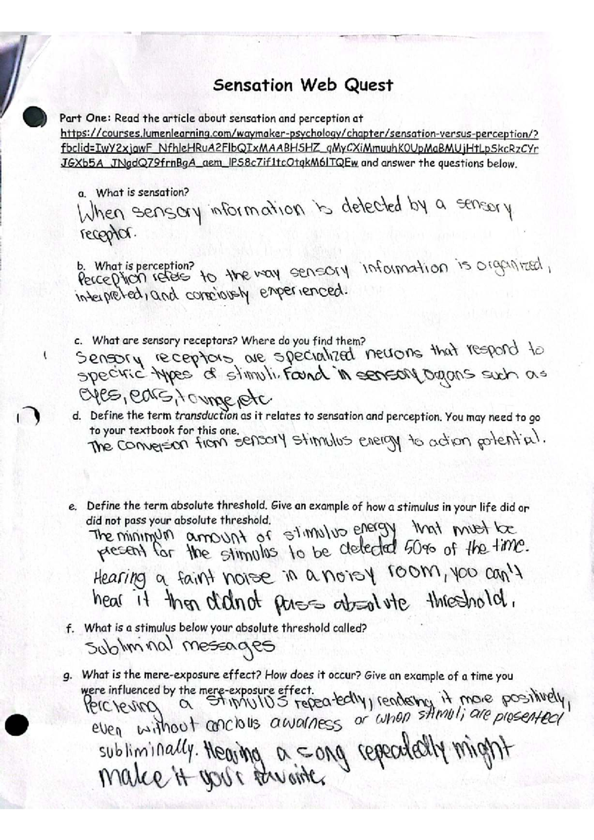 AP Psych - Sensation and Perception Web Quest Part One - Studocu