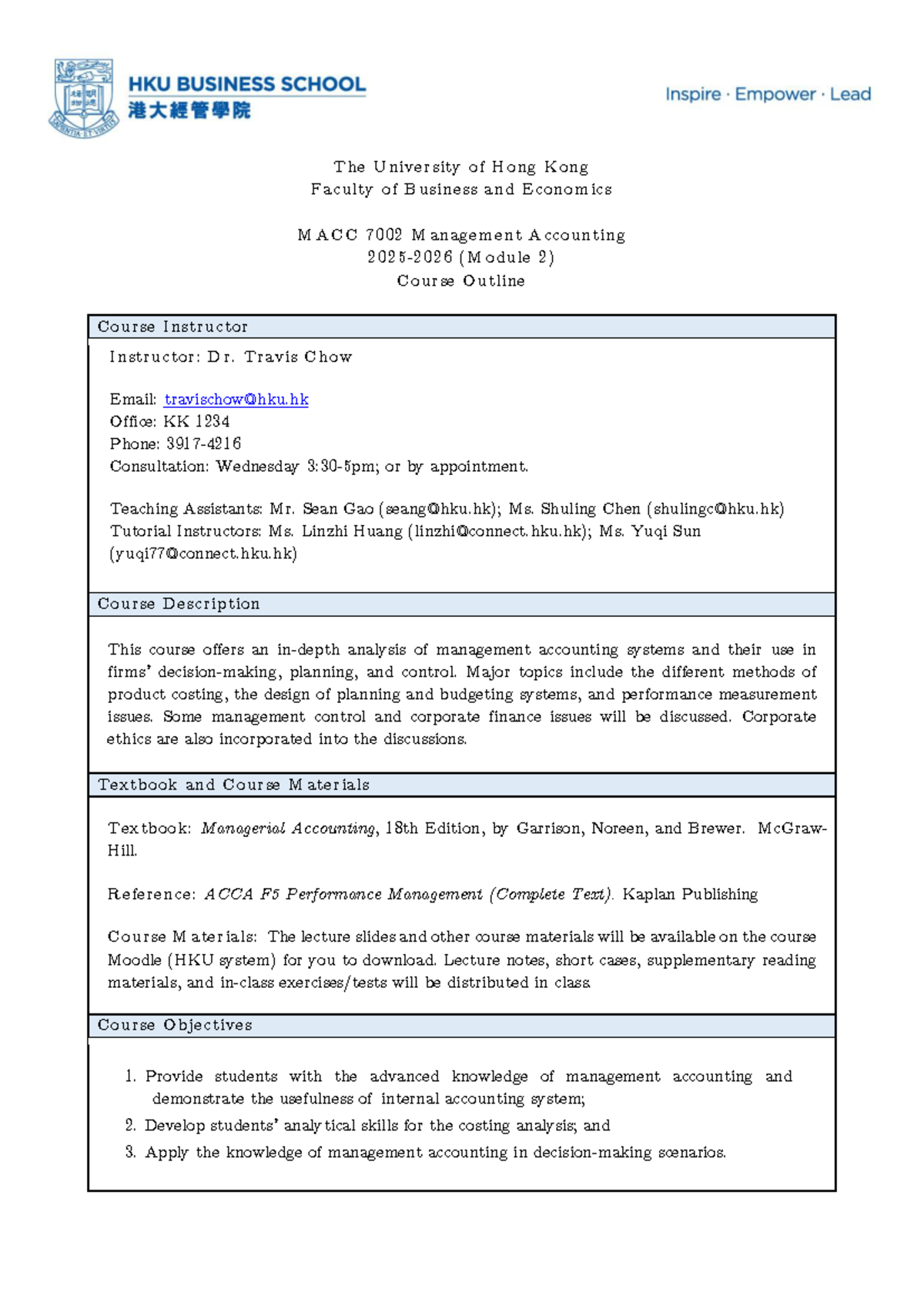 MACC7002 Management Accounting 2025 Course Outline - Dr. Travis Chow ...