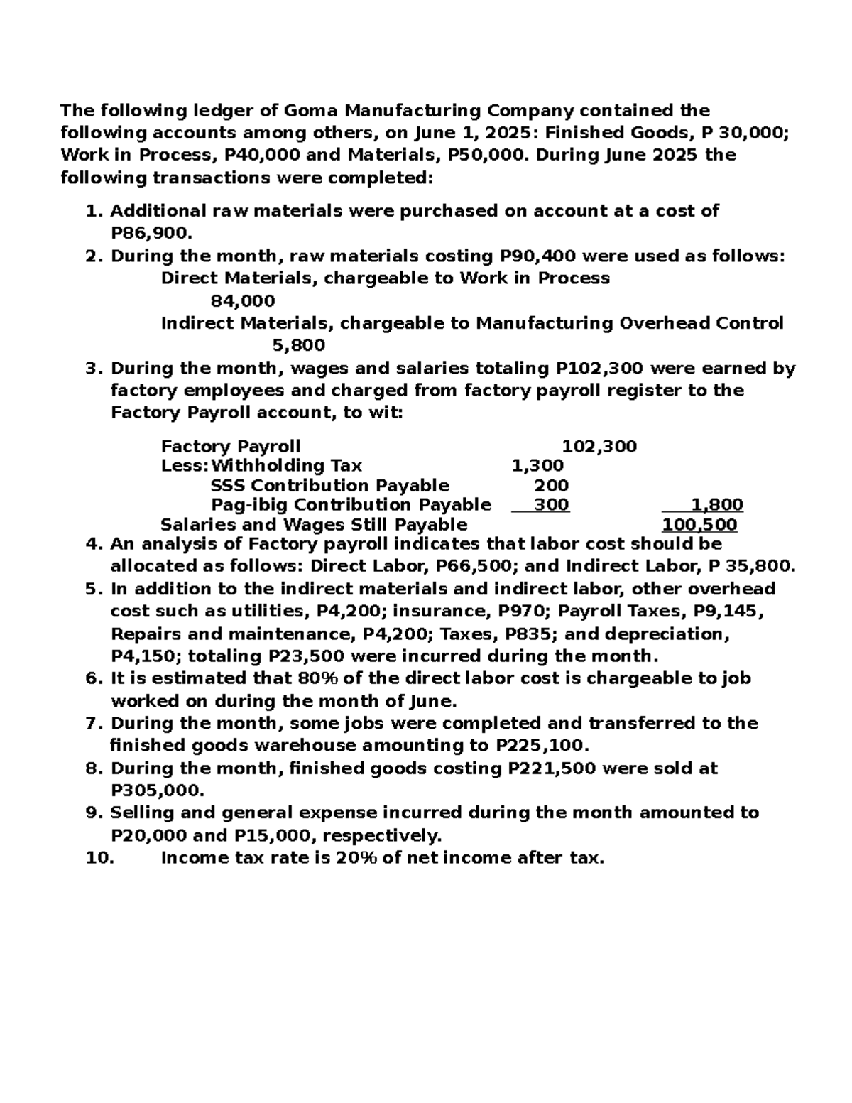 Job Order Example Problem for Goma Manufacturing Co. (2025) - Studocu