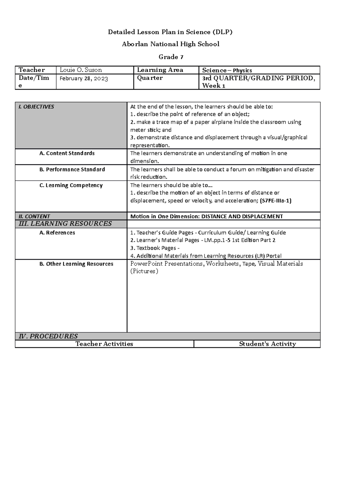 PT1 Grade 7 Distance and displacement - Detailed Lesson Plan in Science ...
