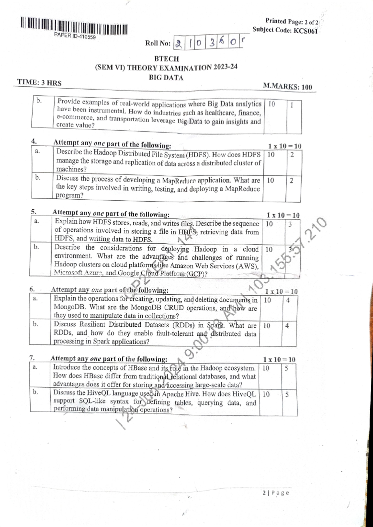 Big Data KCS - Previous Year Paper for BTECH Sem VI Examination 2023-2024 - Studocu