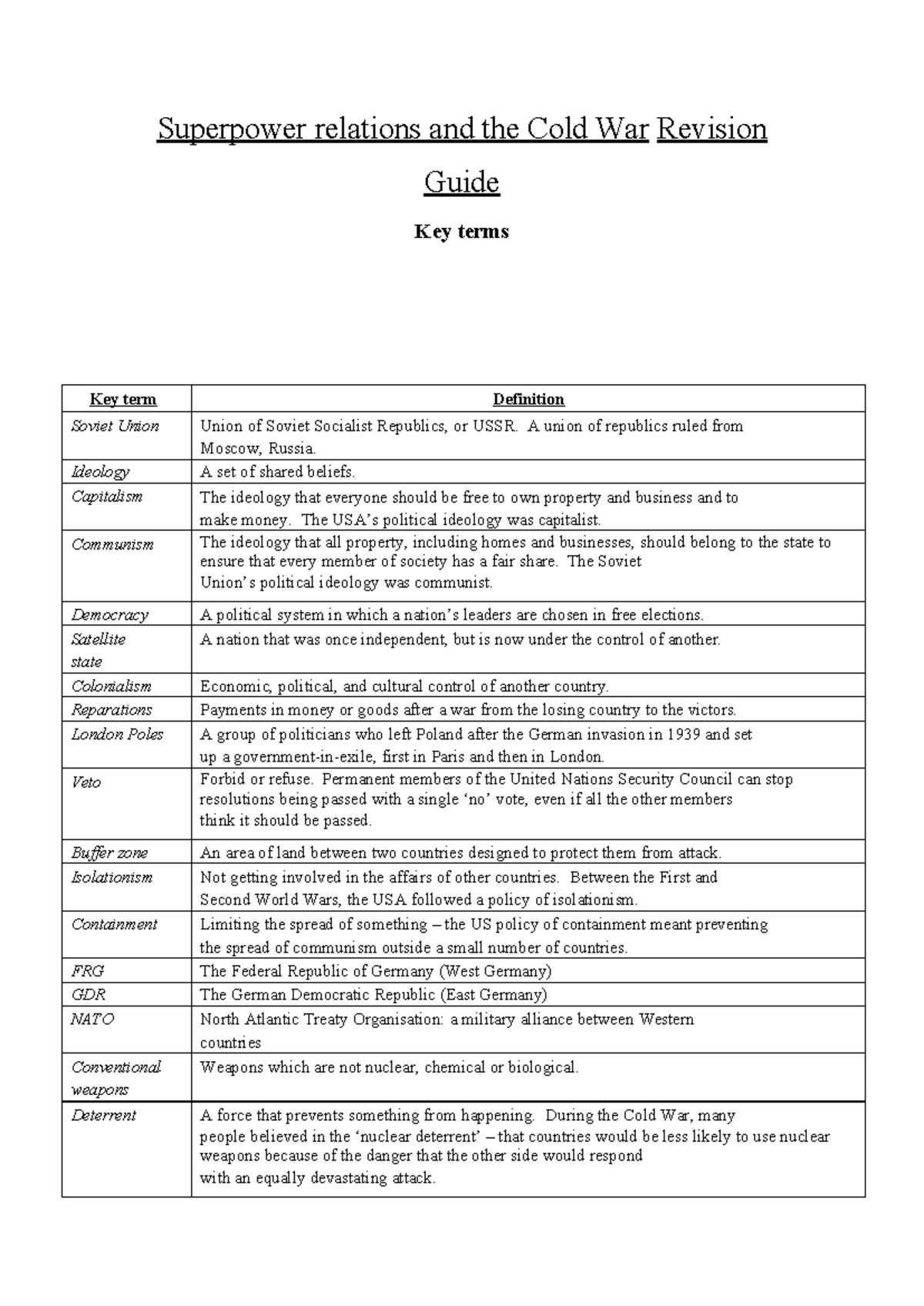 Year 12 History Cold War Revision Guide: Key Terms & Events - Studocu