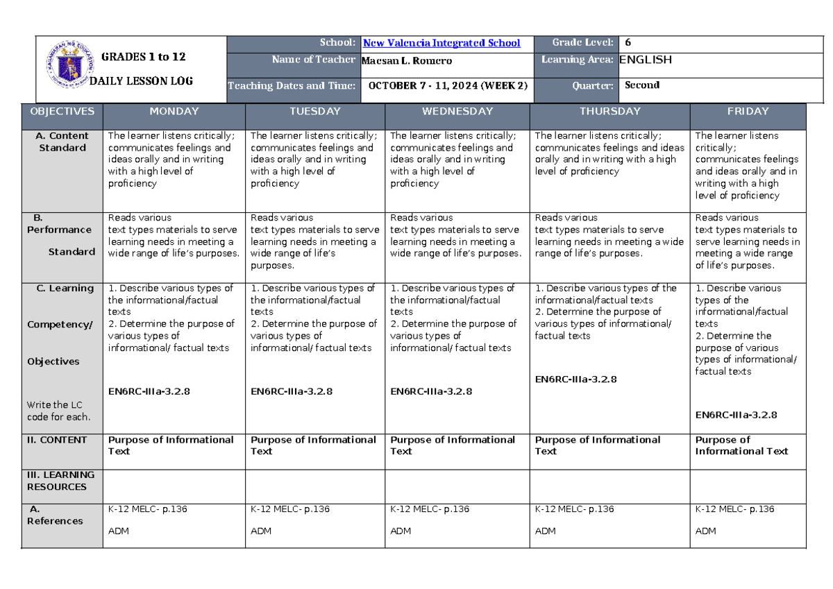 DLL English 6 Q2 W2 - Daily Lesson Log Overview for Week 2 - Studocu