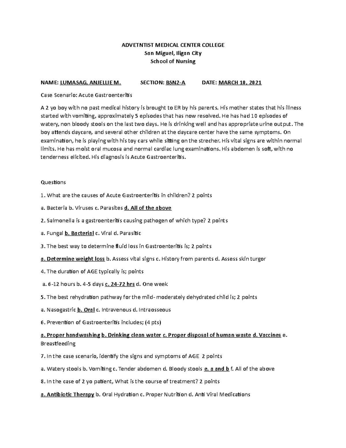 AGE CASE Scenario ( Lumasag A - ADVETNTIST MEDICAL CENTER COLLEGE San ...