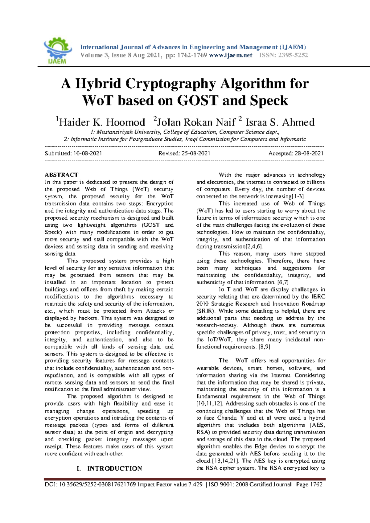 A Hybrid Cryptography Algorithm for WoT Using GOST & Speck - Studocu