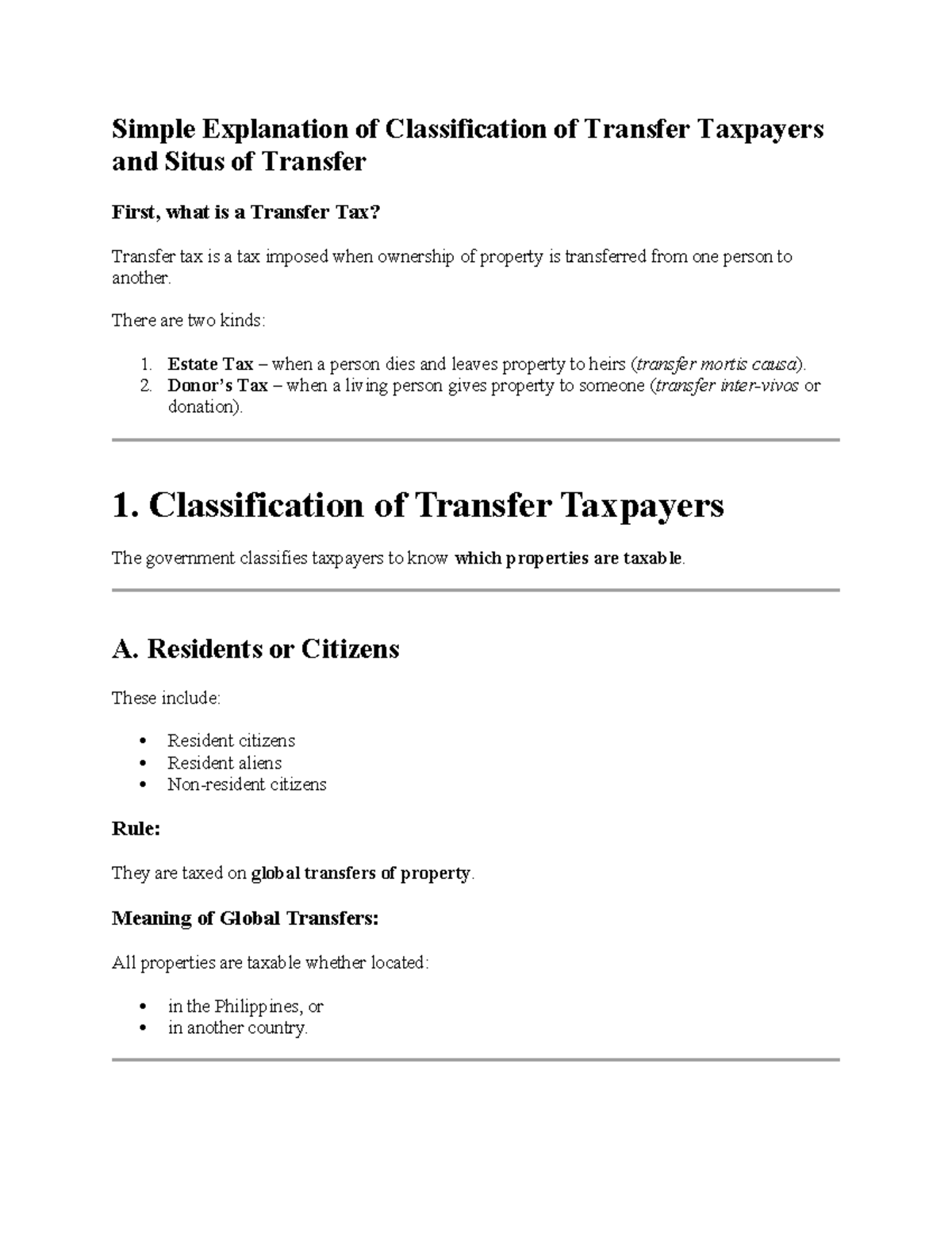Classification of Transfer Taxpayers and Situs of Transfer: A Simple ...