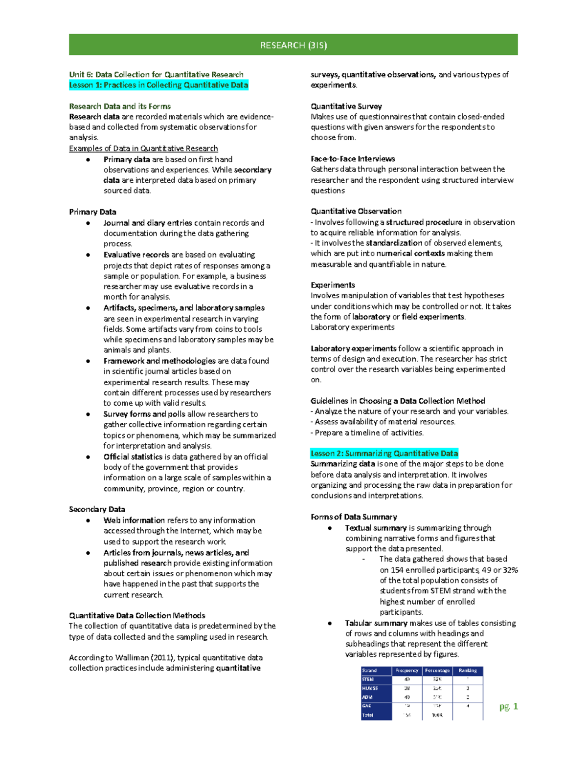 RESEARCH (3IS) Unit 6: Quantitative Data Collection & Summary Lessons ...