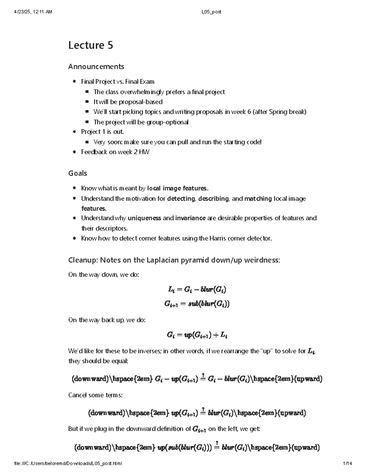 Lecture 5 Notes: Image Features, Corner Detection, and Harris Method ...