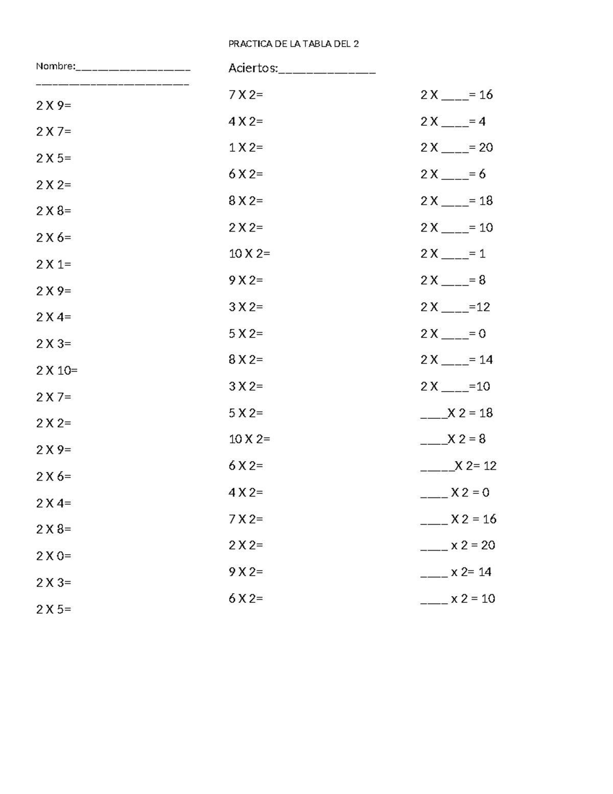 PRACTICA DE LA TABLA DEL 2 AL 9 - Studocu