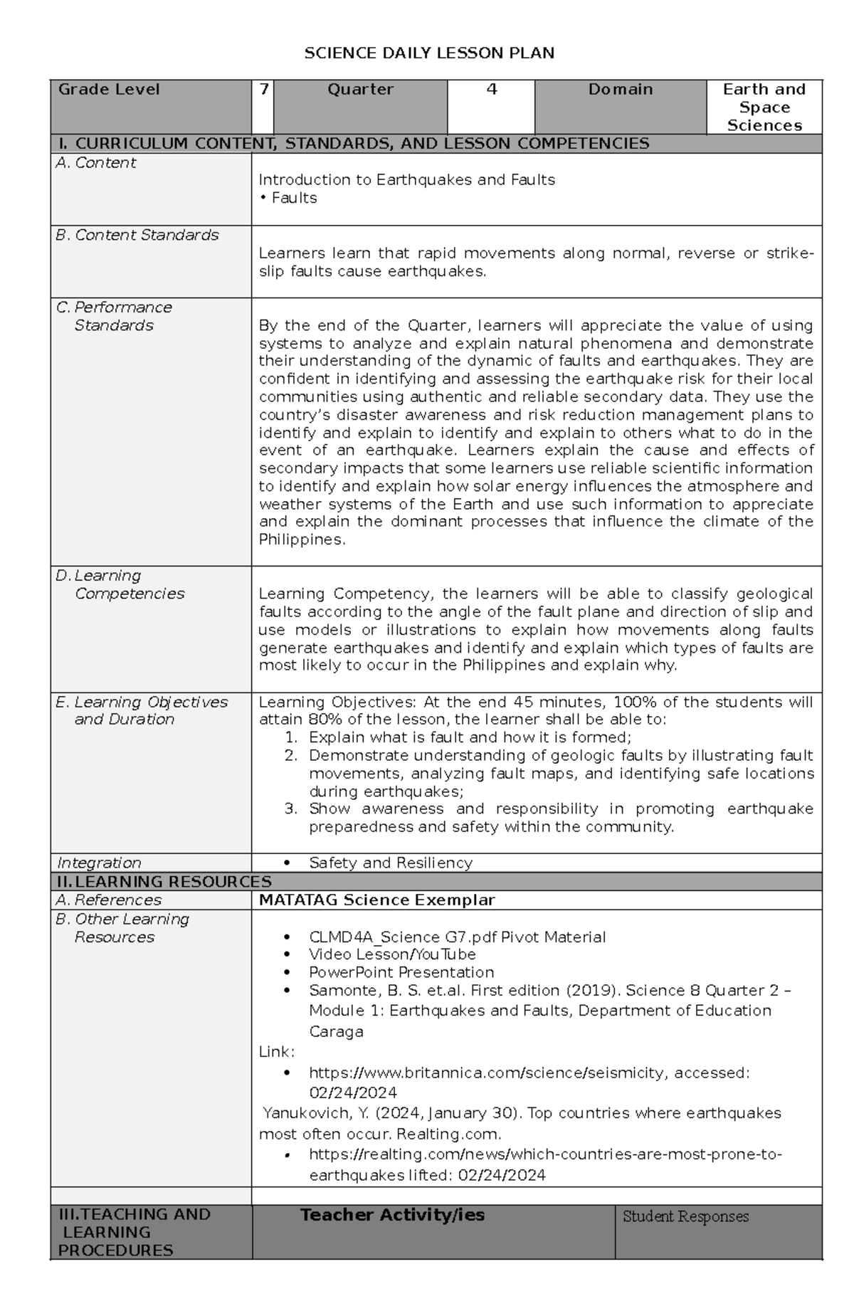 SCIENCE 7 Q4: Lesson Plan on Earthquakes and Faults - Studocu