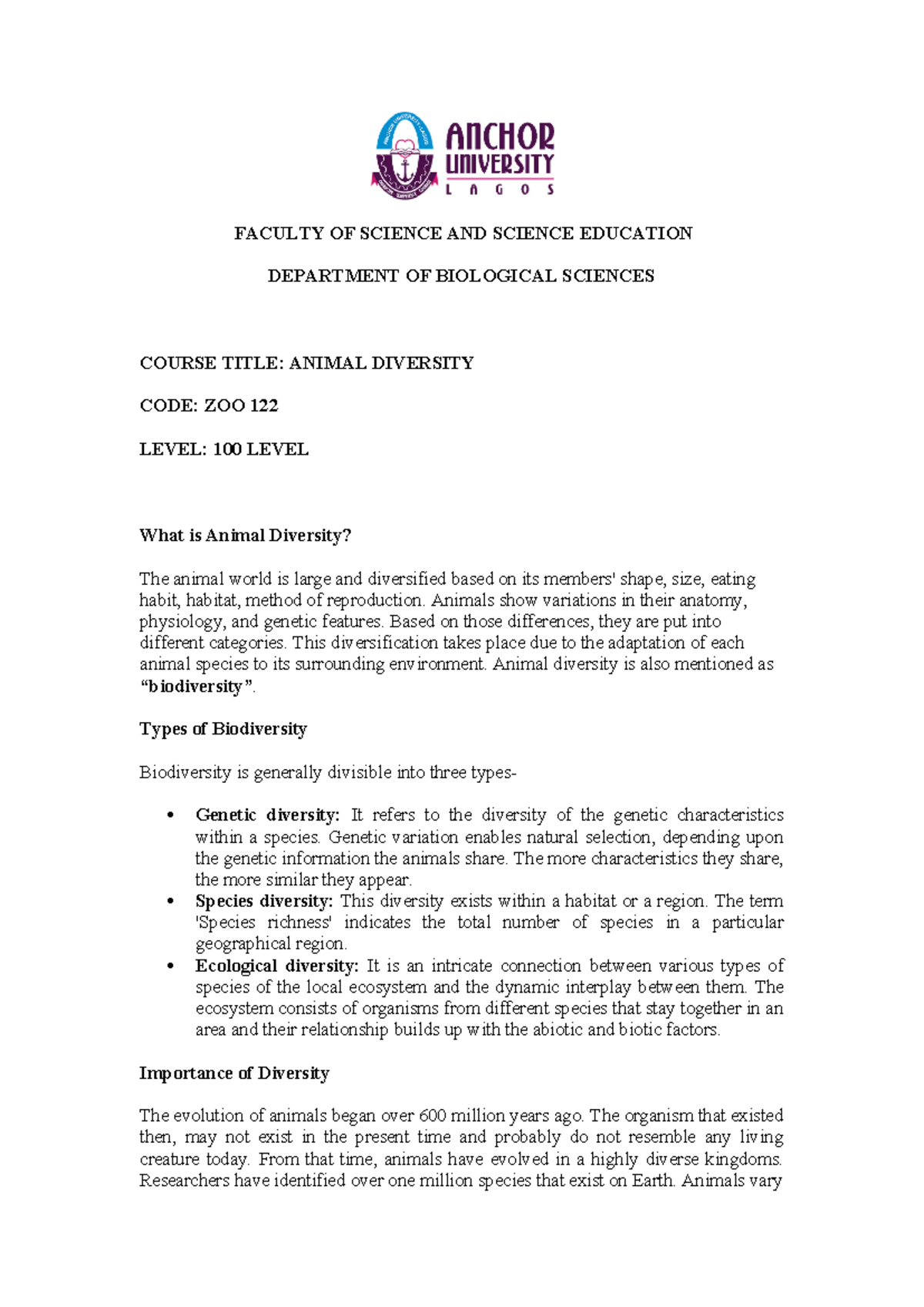 Animal Diversity Study Notes - ZOO 122 - 1st Level - Studocu