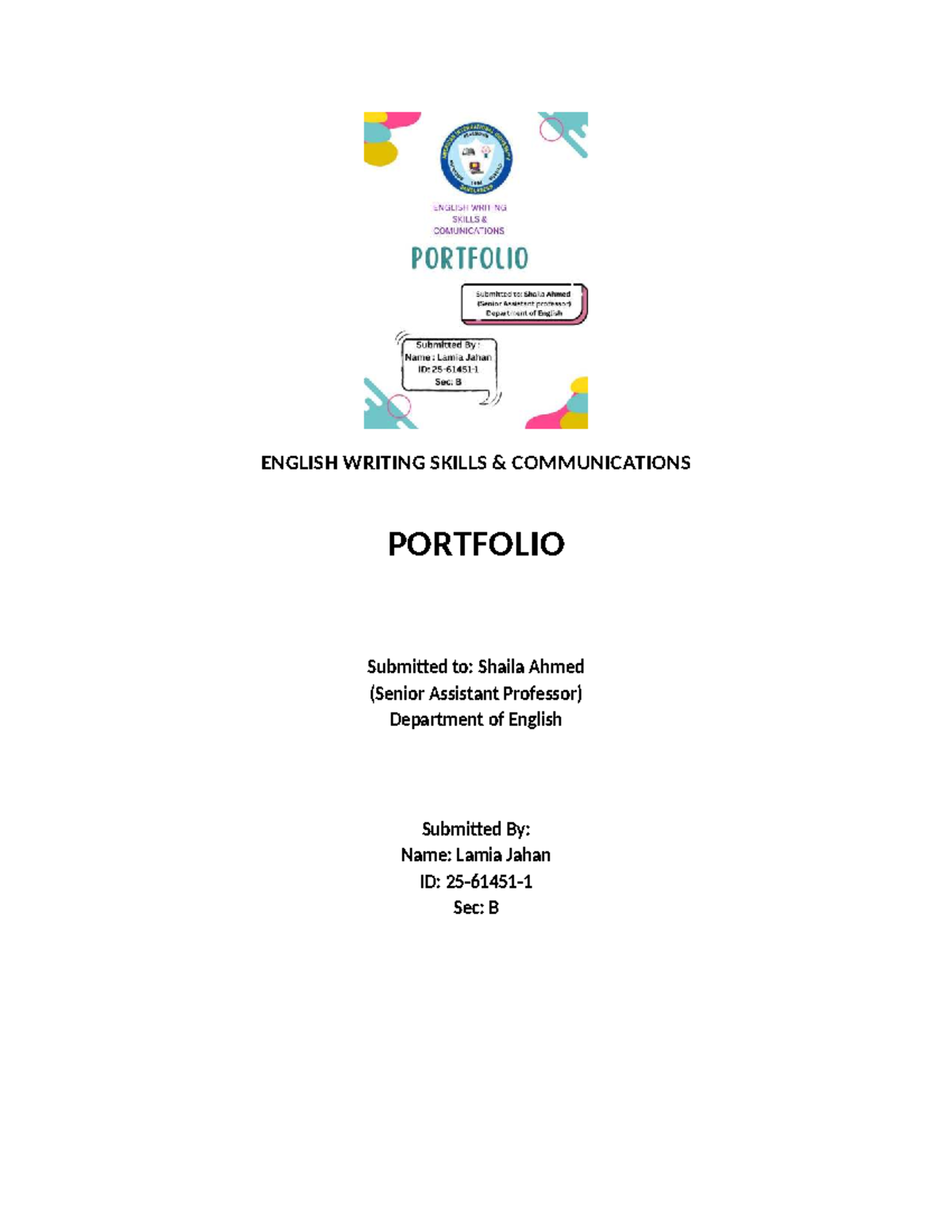 English Writing Portfolio Cover - ENGL 1100 - ENGLISH WRITING SKILLS ...