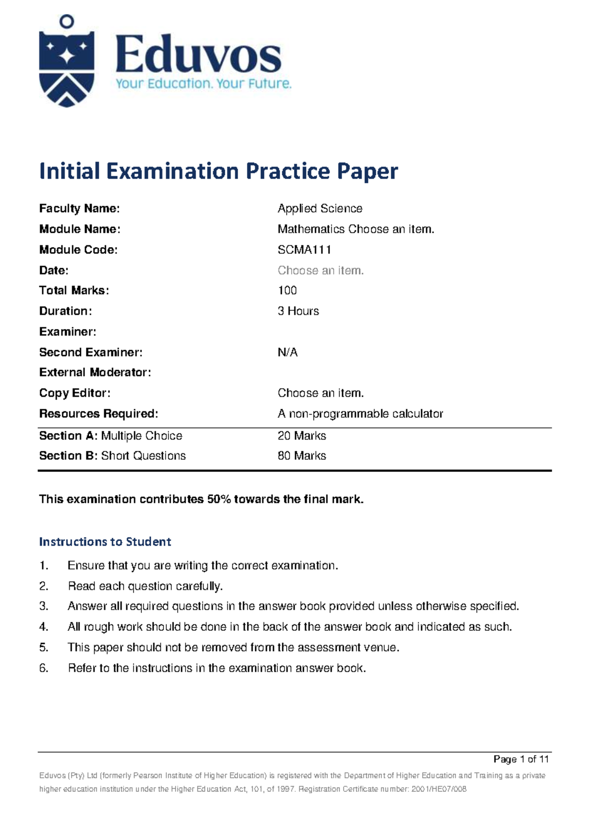 Mathematics Initial Examination Practice Paper - Module Code: [Insert ...
