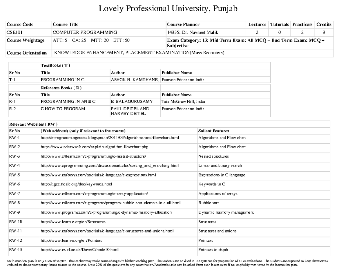 CSE101 Computer Programming Course Planner and Lecture Notes - Studocu