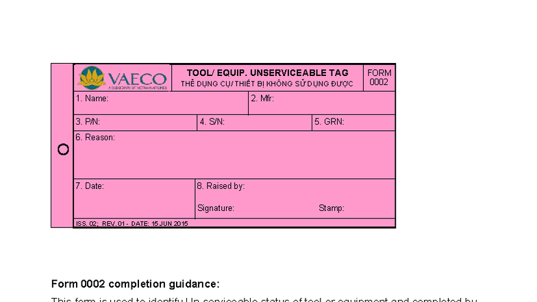 FORM 0002 TOOL- Equipment Unserviceable TAG - TOOL/ EQUIP ...