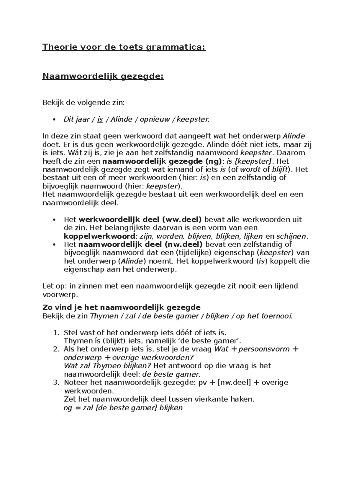 Theorie voor de toets grammatica (Cursus) - Naamwoordelijk gezegde ...