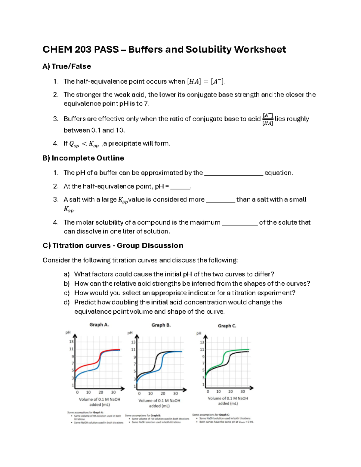 CHEM 203 Week 8 - Buffers and Solubility Worksheet - Studocu