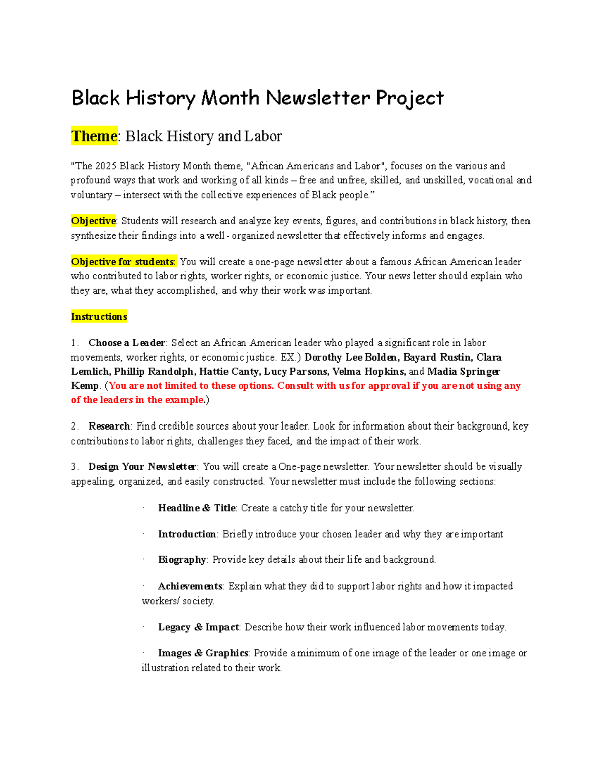 Black History Month Newsletter Project - ” Objective: Students will ...