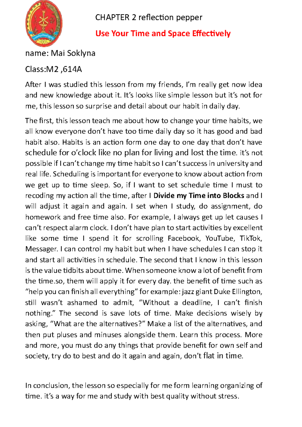 Homework 2. Use your time and space effectively - CHAPTER 2 reflection ...