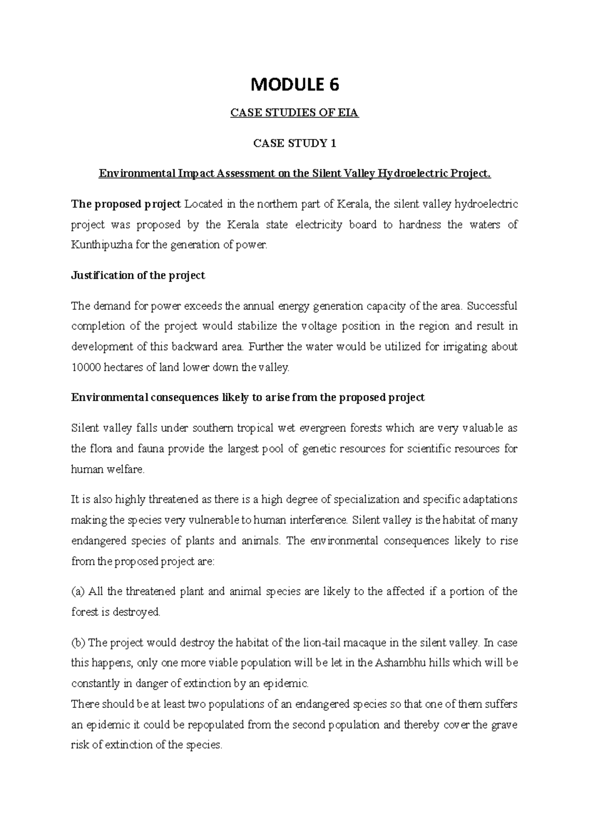 Module 6 CASE Studies - Lecture notes - MODULE 6 CASE STUDIES OF EIA ...
