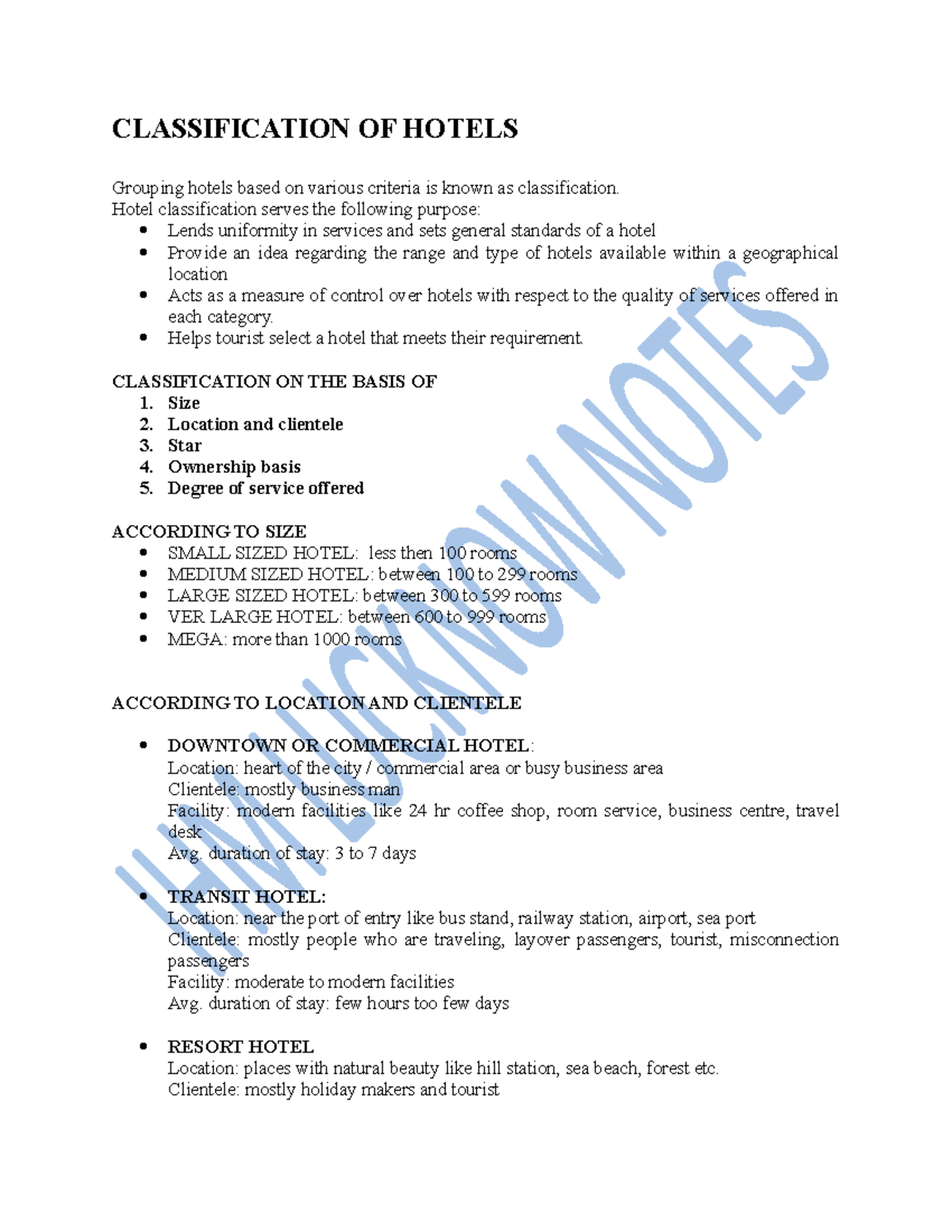 Classification of Hotels: Comprehensive Overview and Types - Studocu