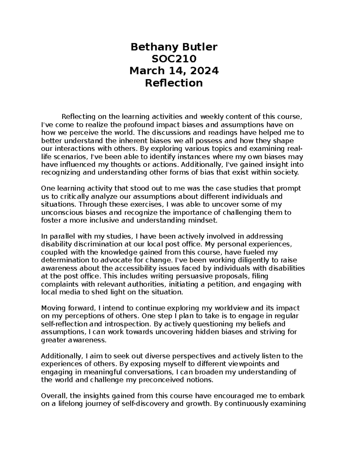 SOC210 Reflectioon Bethany Butler - Bethany Butler SOC March 14, 2024 ...