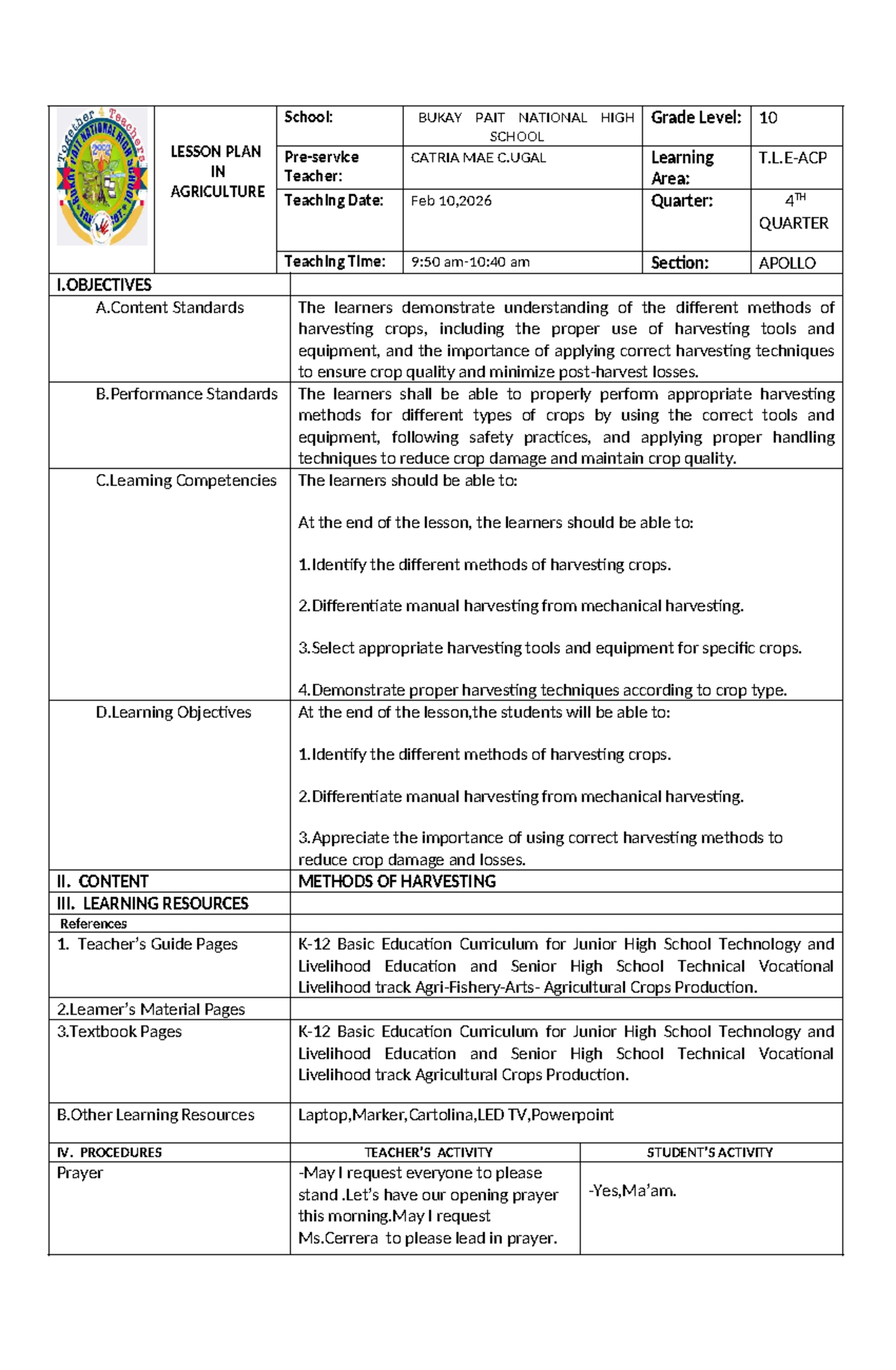 Methods of Harvesting: Detailed Lesson Plan for Agriculture (Grade 10 ...