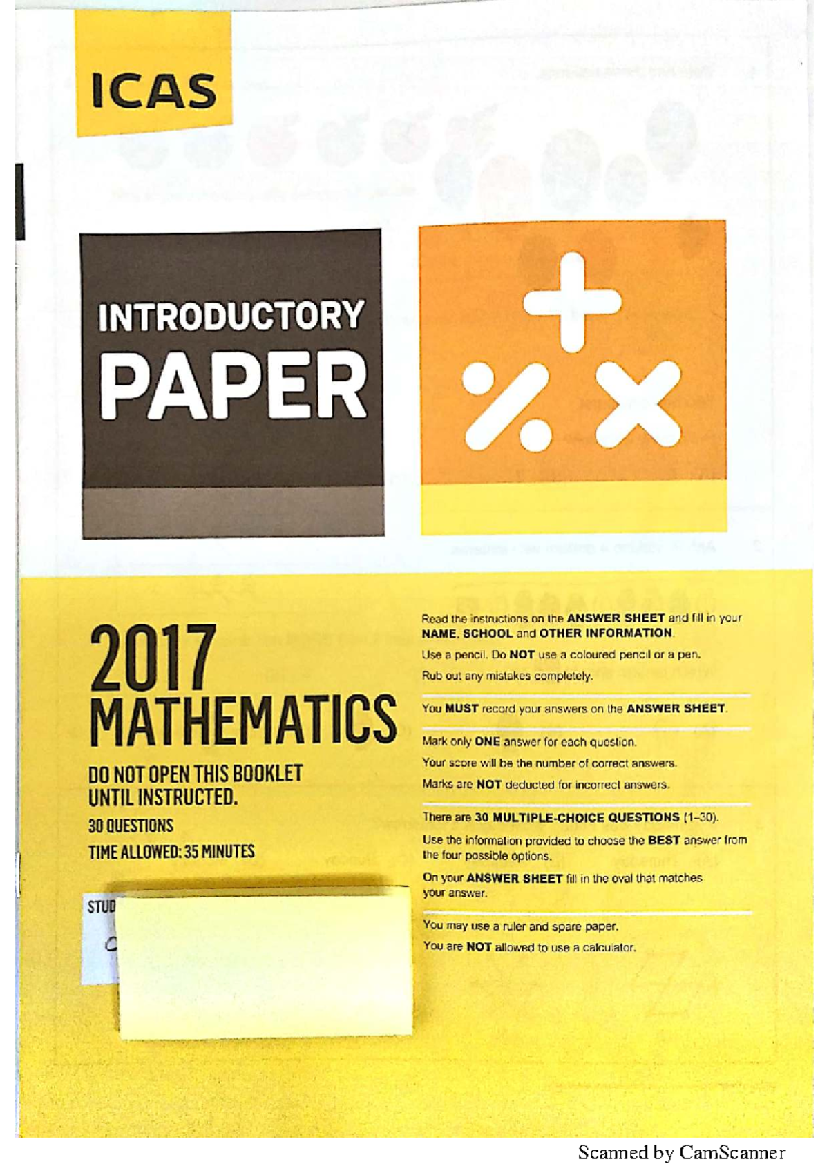 2017 ICAS Mathematics Introductory Paper with Answer Sheet - Studocu