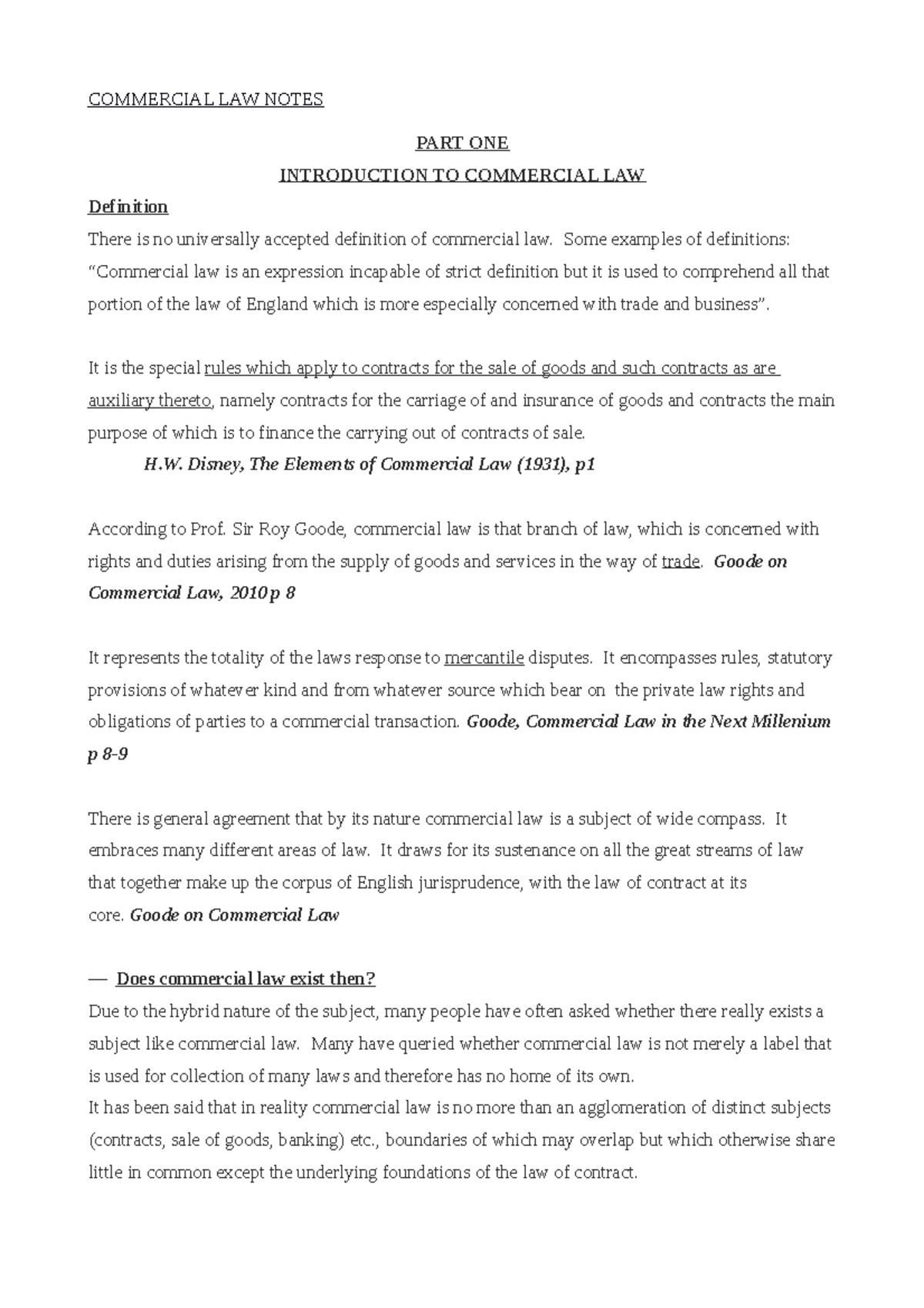 Commercial Law Lecture Notes: Concepts, History, and Principles - Studocu