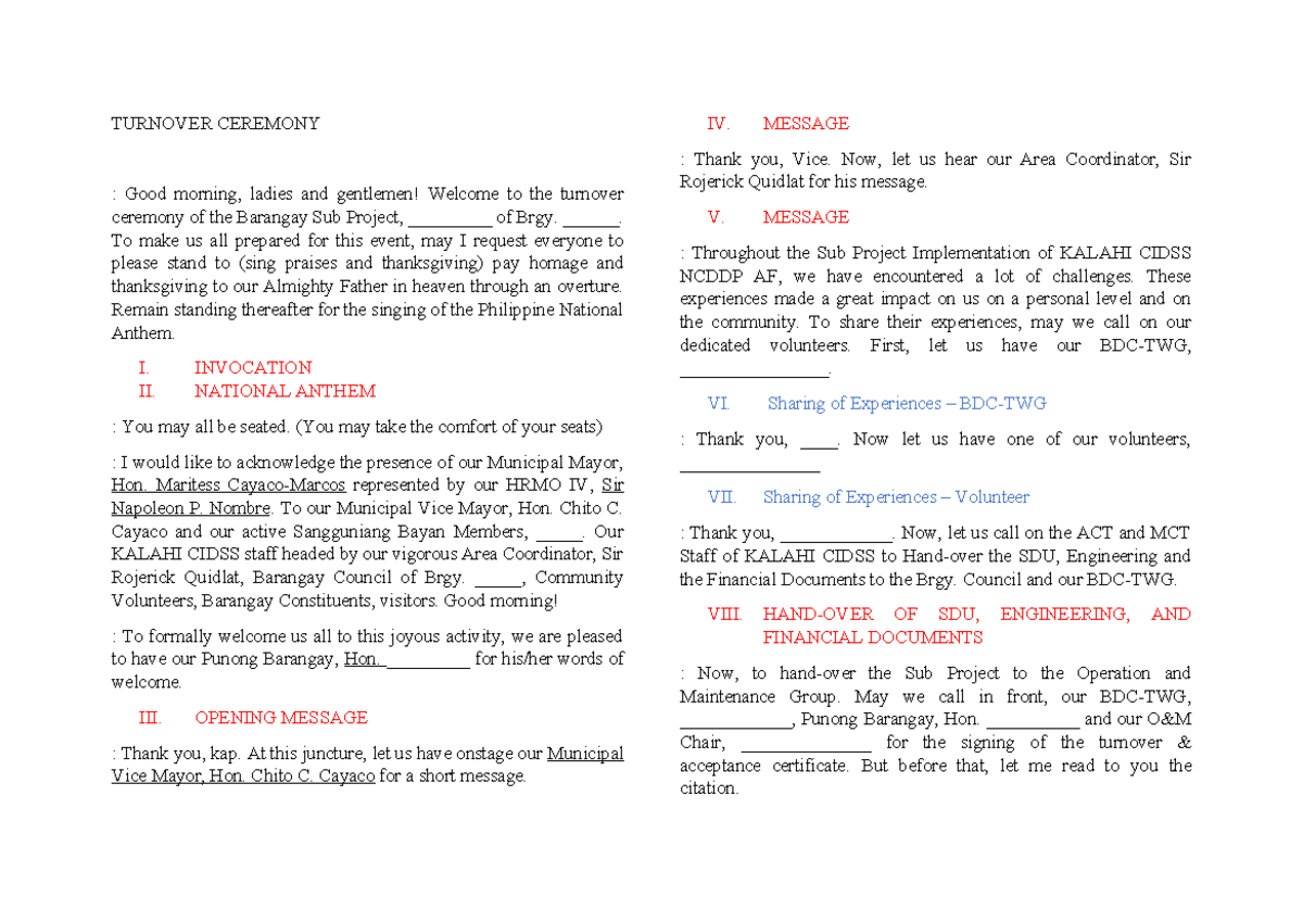 Turnover Ceremony Script - TURNOVER CEREMONY : Good morning, ladies and ...