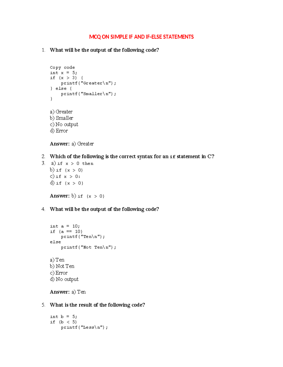 PPS UNIT 2 QB - fev e - MCQ ON SIMPLE IF AND IF-ELSE STATEMENTS 1. What ...