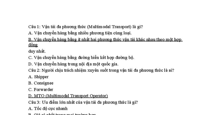 Đề thi giữa kỳ NVGN: Vận Tải Đa Phương Thức và Câu Hỏi Trắc Nghiệm ...