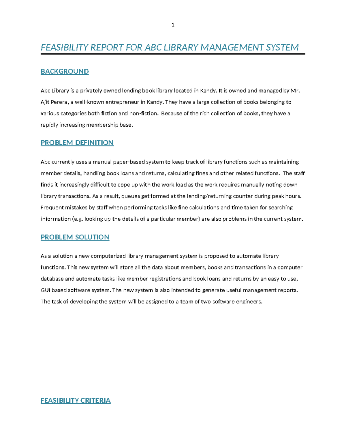 Lesson 2 - Feasibility Report for ABC Library Management System - Studocu