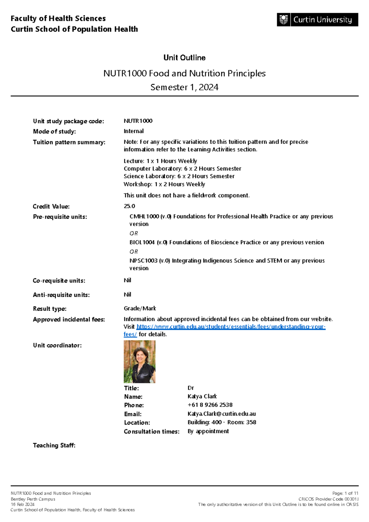 NUTR1000 Food and Nutrition Principles Unit Outline Semester 1, 2024 ...