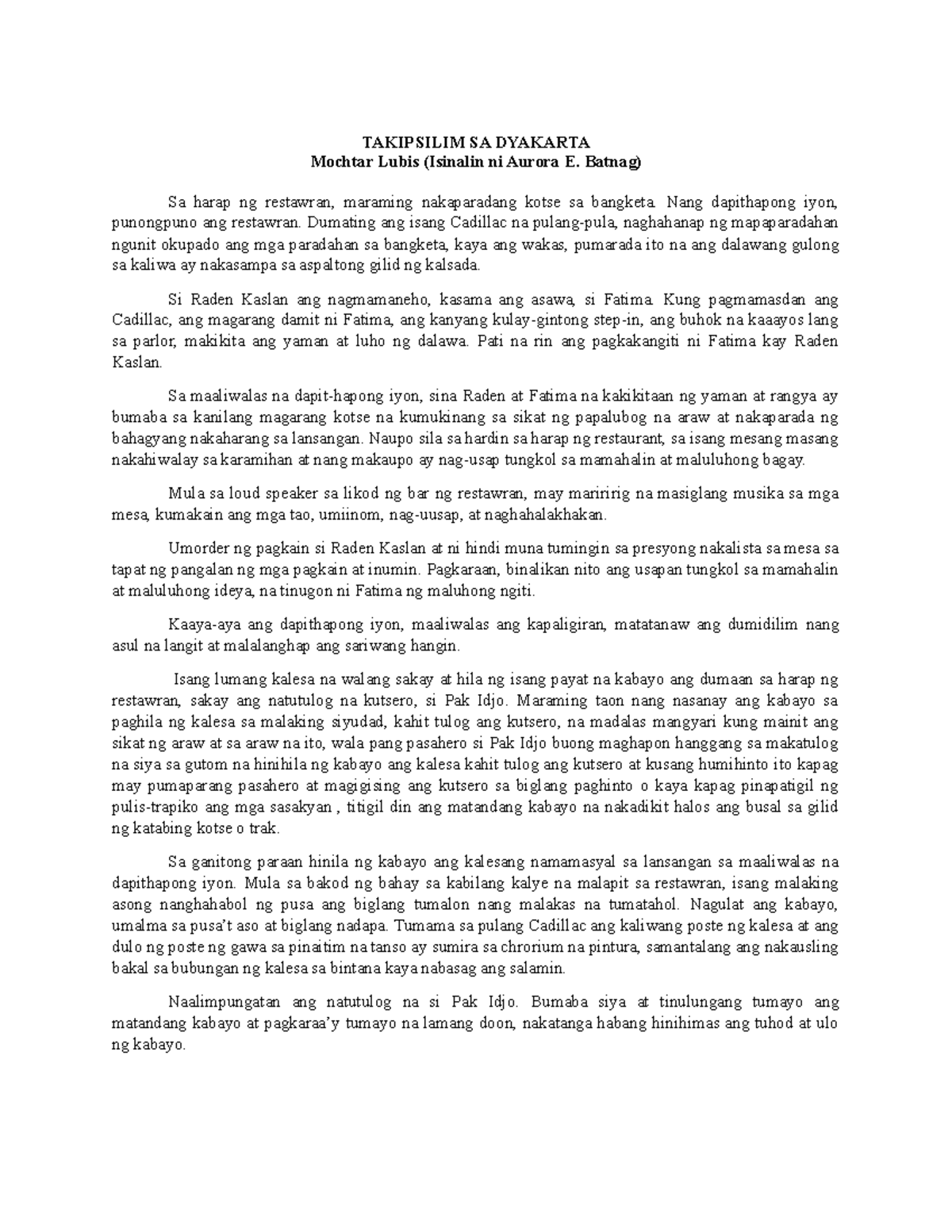 Takipsilim sa Dyakarta: Isang Pagsusuri ng Nobela ni Mochtar Lubis ...