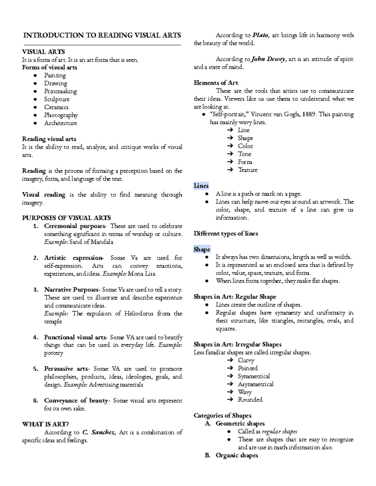 Art Notes: Introduction to Reading Visual Arts (VA101) - Studocu
