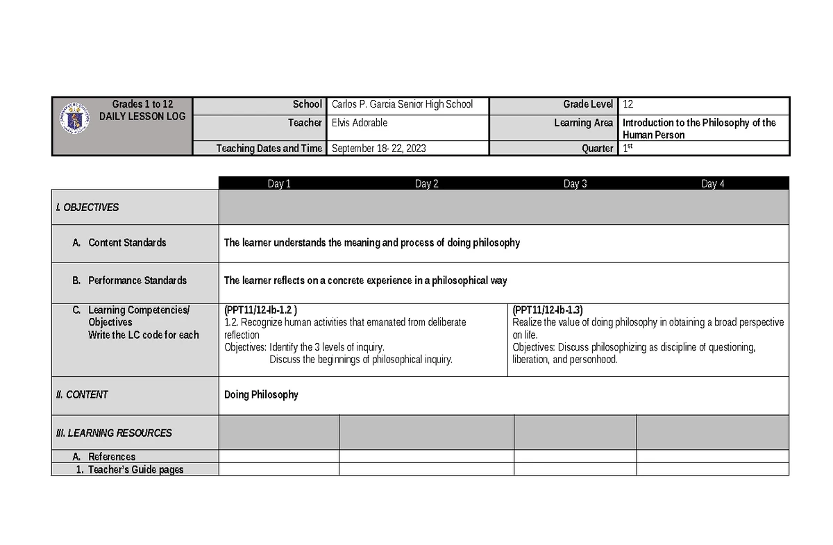 Lesson Plan: Philippine Politics and Governance (Grade 12) - Studocu