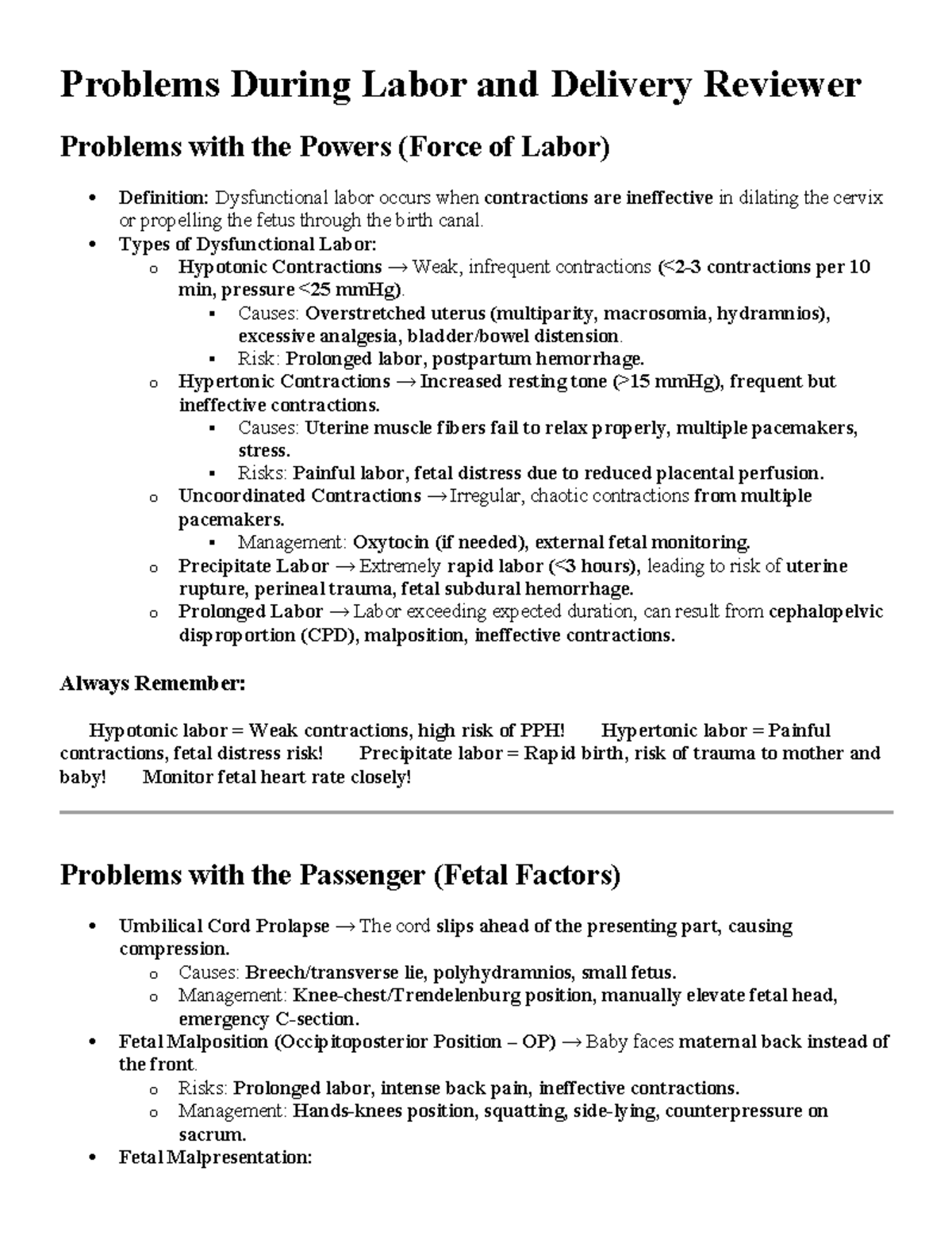 Problems During Labor and Delivery: Key Reviewer Notes for Nursing (NUR ...