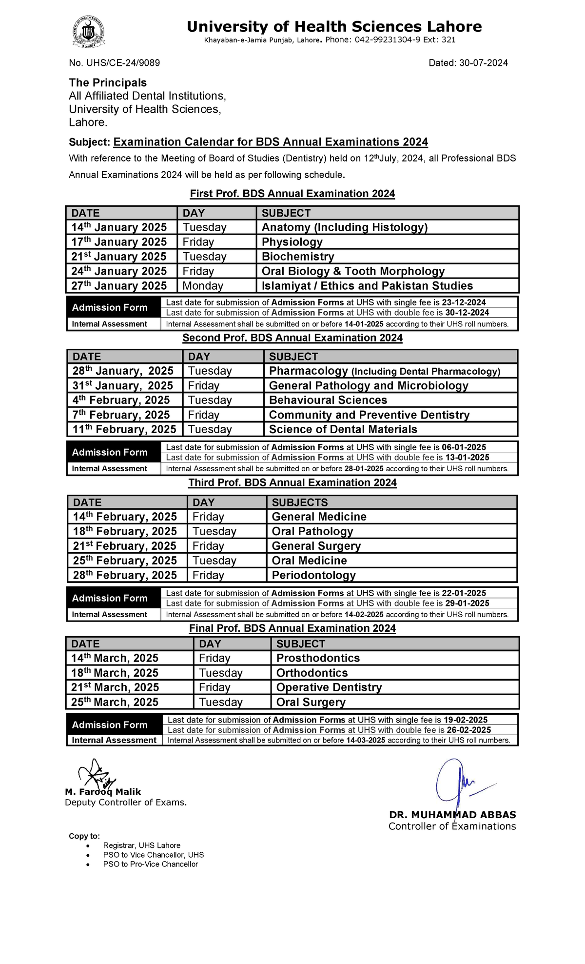 Examination Calendar BDS All Batches - University of Health Sciences ...
