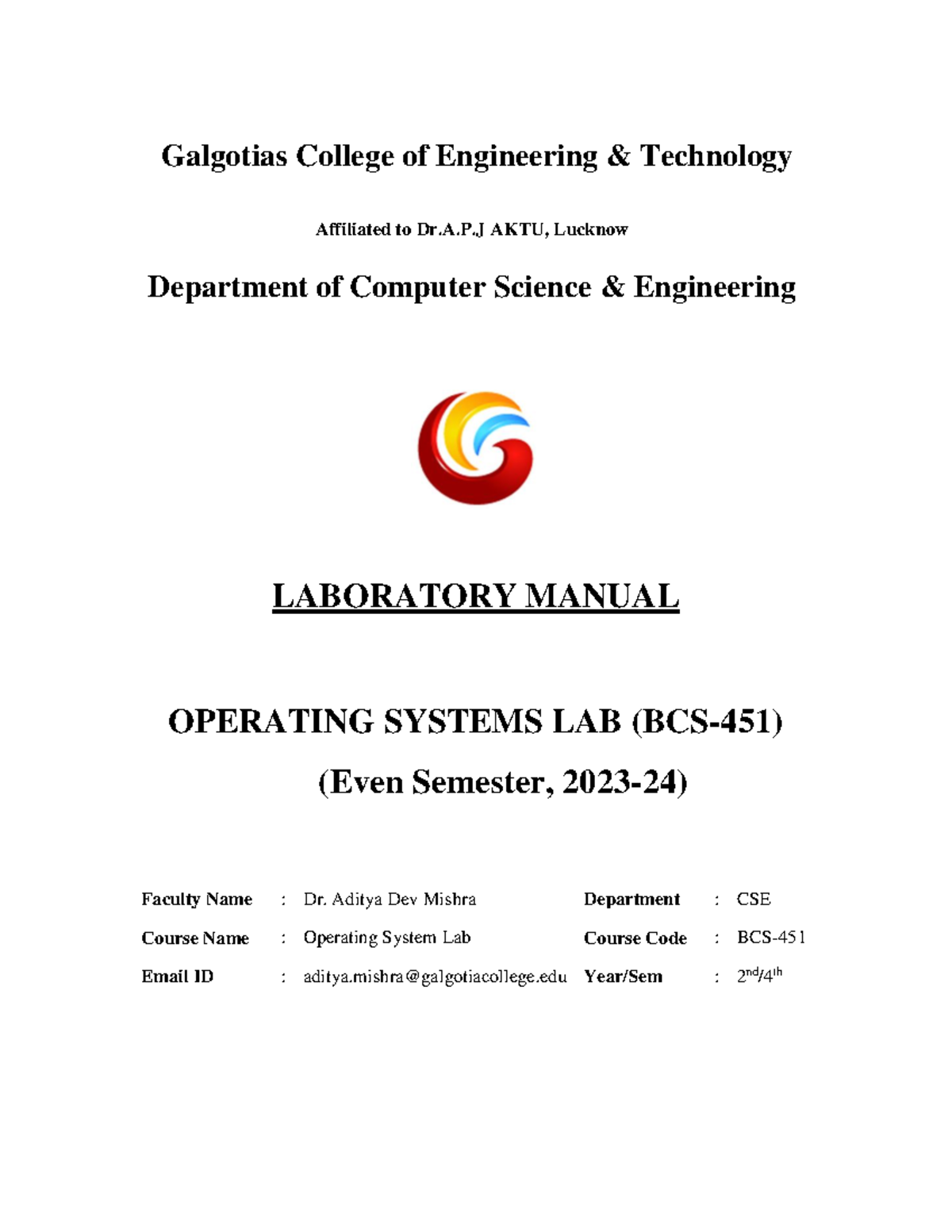 Final OS Lab Manual (BCS 451) - Galgotias College 2023-24 - Studocu
