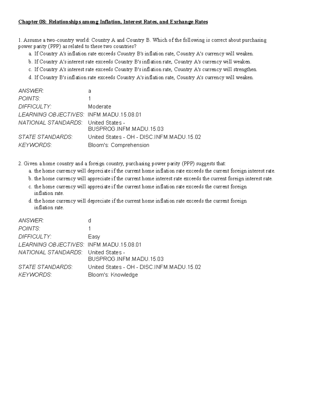 Madura 13e TB Ch08: Inflation, Interest & Exchange Rate Relationships ...