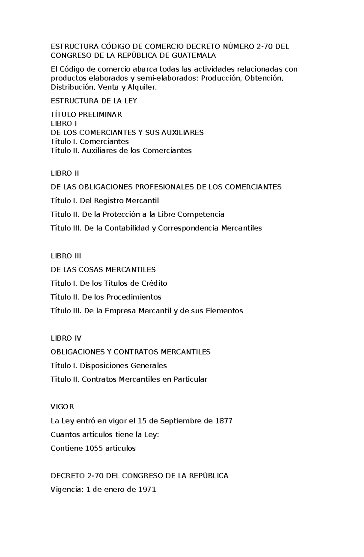 Estructura del Código de Comercio - Decreto 2-70 de Guatemala - Studocu